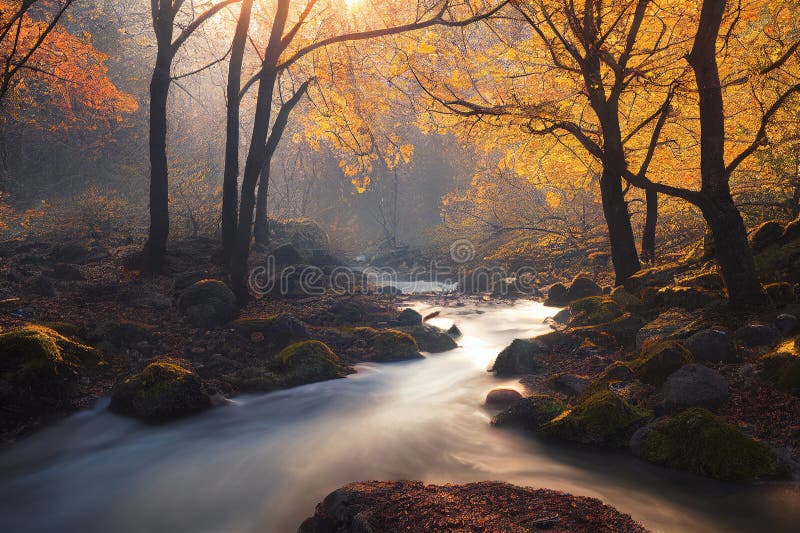 A Stream Running through a Forest Filled with Trees and Rocks in the ...