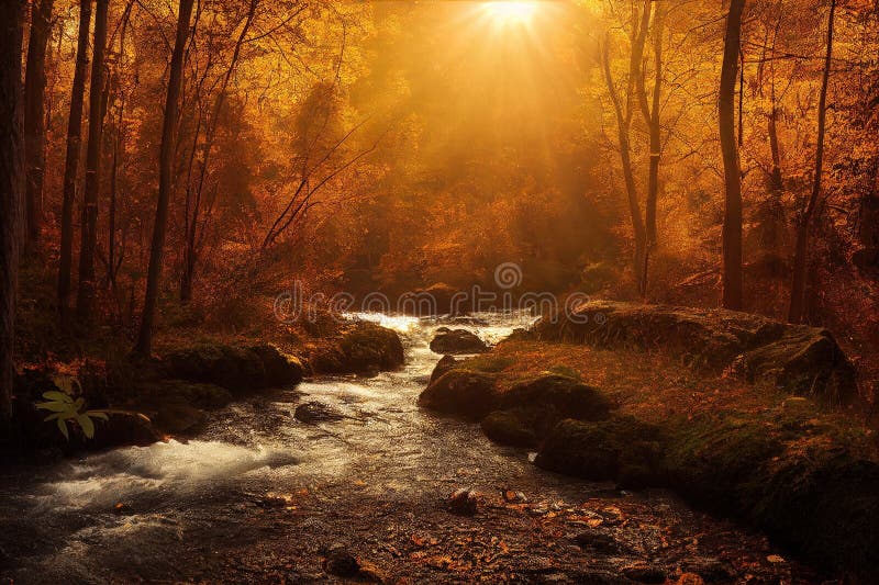 A Stream Running through a Forest Filled with Trees and Rocks Under a ...