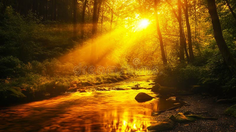 A Stream Running through a Forest with the Sun Shining through the ...