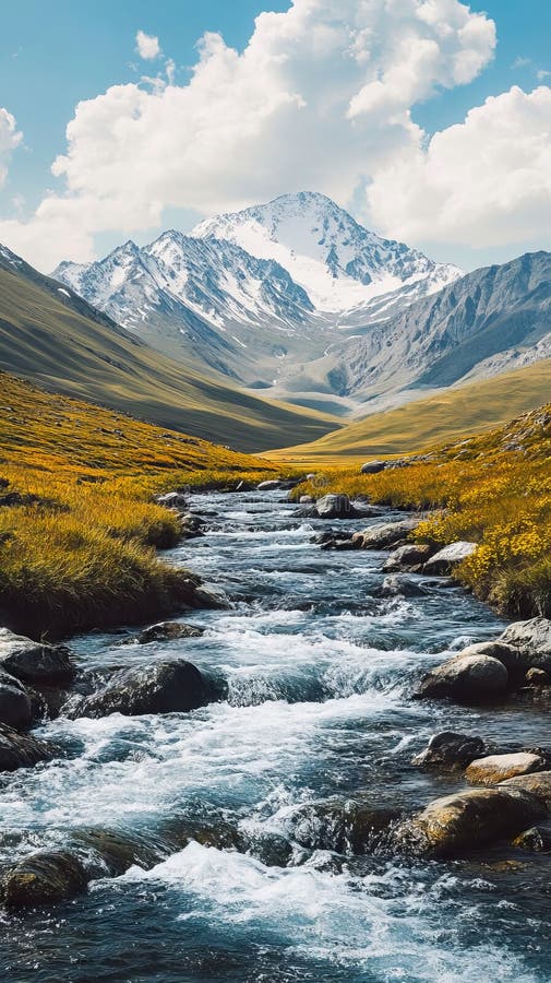 A Stream Running through a Grassy Field Next To a Mountain Range Stock ...