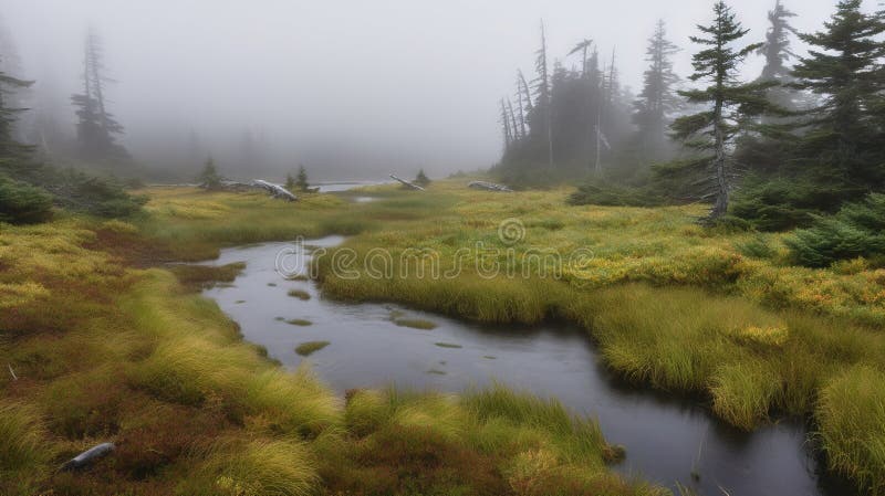 A Stream Running through a Lush Green Forest Covered in Fog Stock ...
