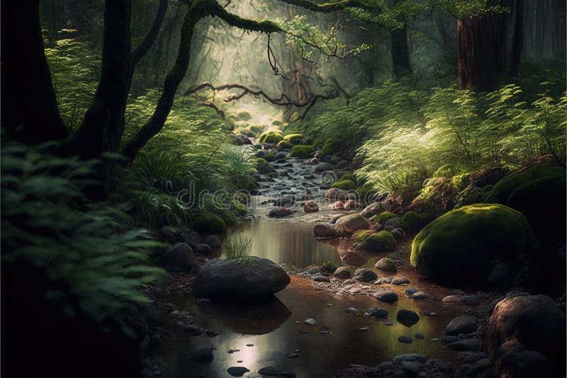 A Stream Running through a Lush Green Forest Filled with Rocks and ...