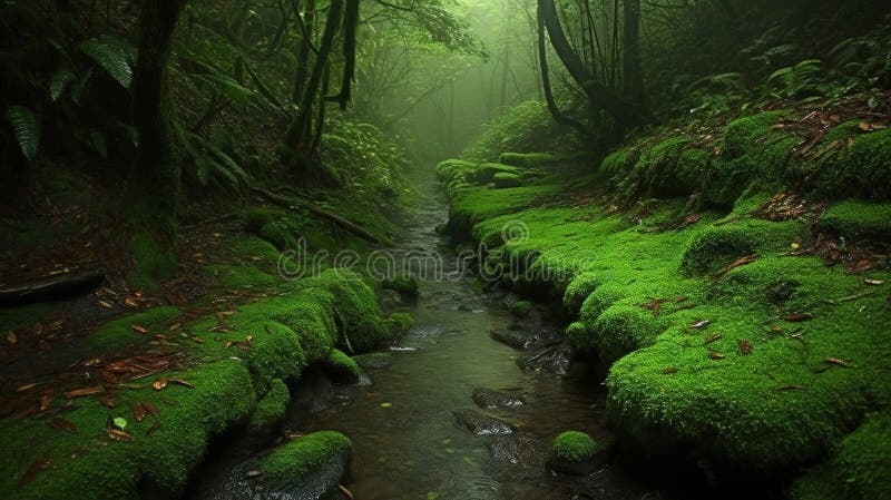 A Stream Running through a Lush Green Forest Filled with Trees Stock ...