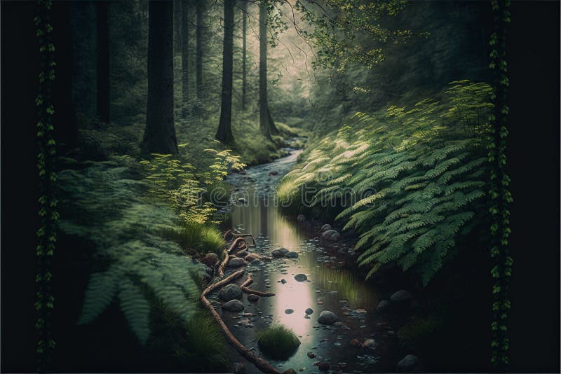 A Stream Running through a Lush Green Forest Filled with Trees and ...