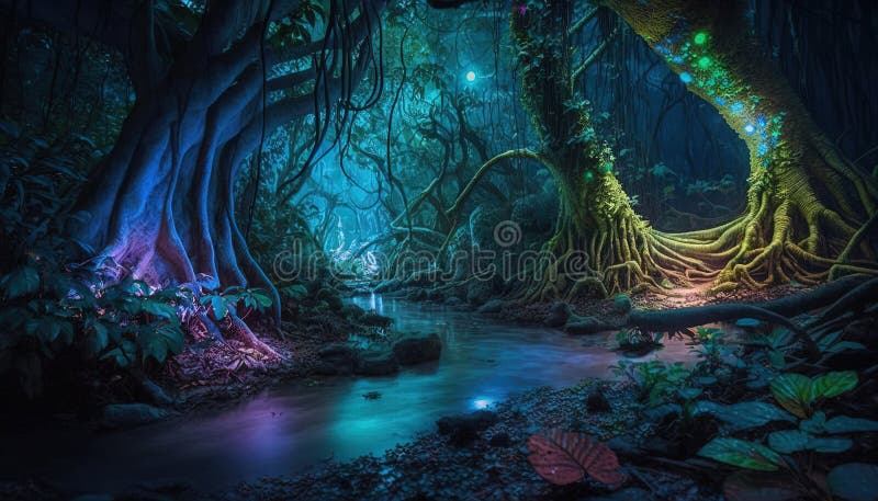 A Stream Running through a Lush Green Forest Filled with Trees. Stock ...