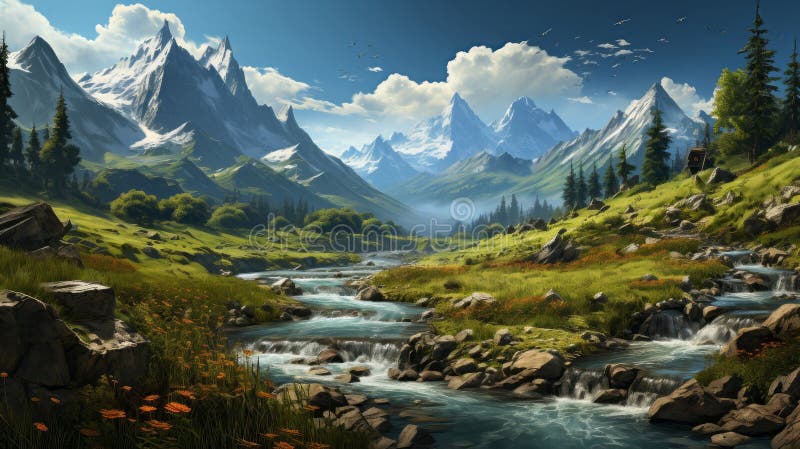A Stream Running through a Valley with Trees. Generative AI. Stock ...