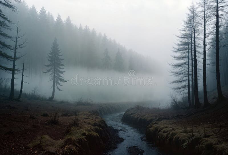 A Stream Runs through a Forest with Trees and Fog Stock Illustration ...