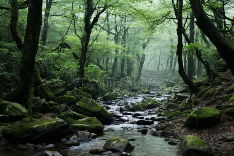 A Stream Runs through a Green Forest in the Middle of a Foggy Day Stock ...