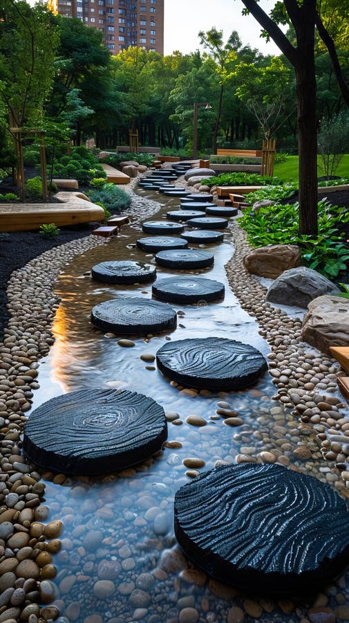 A Stream with Stone Steps and a Tree in the Background Stock Photo ...