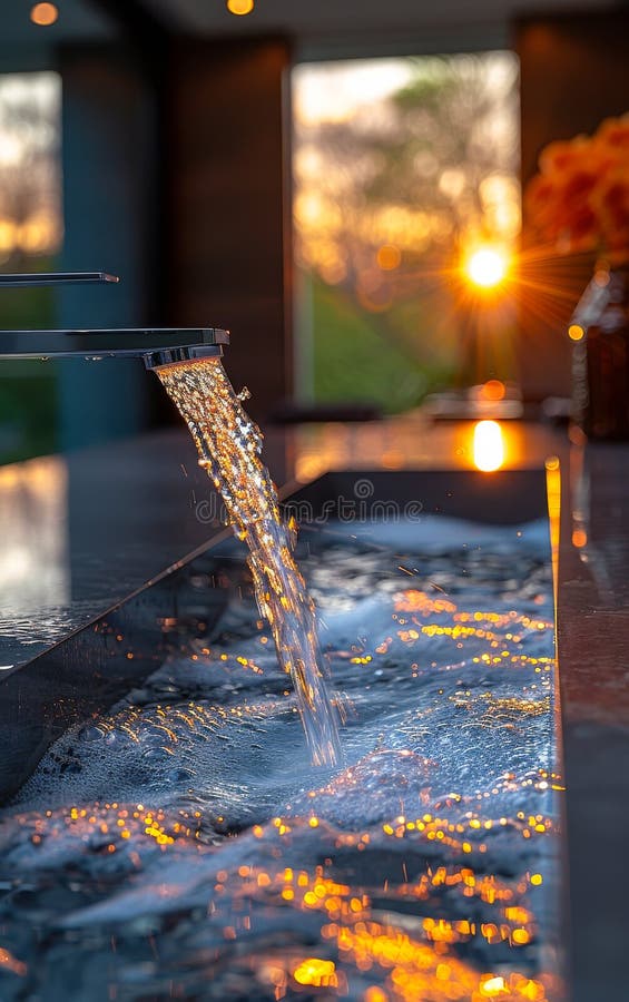 A Stream of Water is Flowing from a Faucet into a Sink. the Water is ...