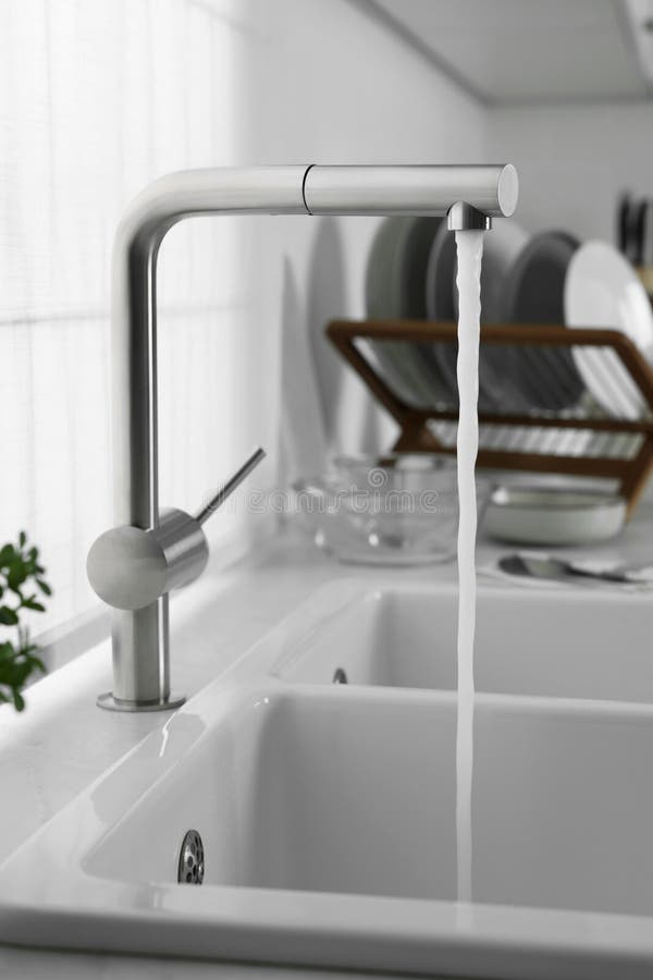 Stream of Water Flowing from Tap in Kitchen Stock Photo - Image of ...