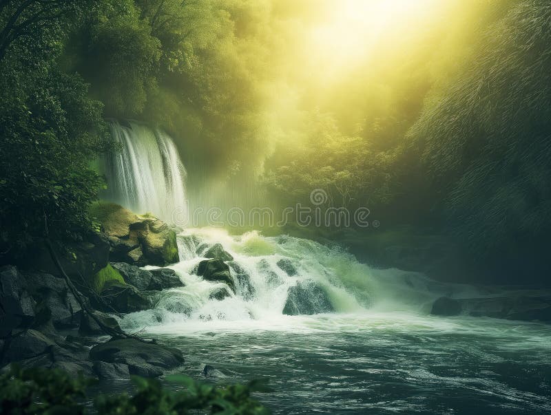 A Stream of Water Flows through a Forest, with Sunlight Shining on the ...