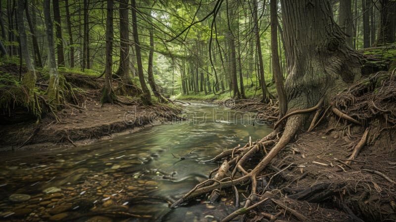 A Stream of Water Flows through a Forest with Trees and Roots on the ...