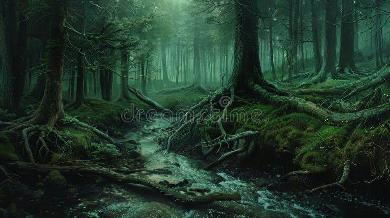 A Stream of Water Flows through a Forest with Trees and Roots on the ...