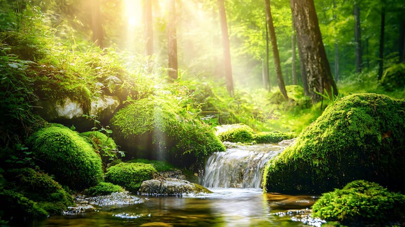 A Stream of Water Flows through a Lush Green Forest Stock Image - Image ...