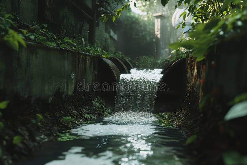 A Stream of Water Flows through a Pipe in a Forest Stock Illustration ...