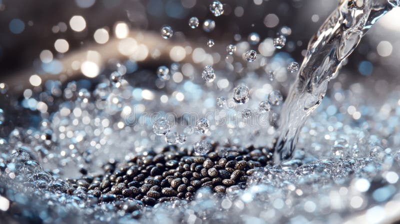 Stream of Water is Pouring Over a Pile of Small, Shiny, Black Objects ...