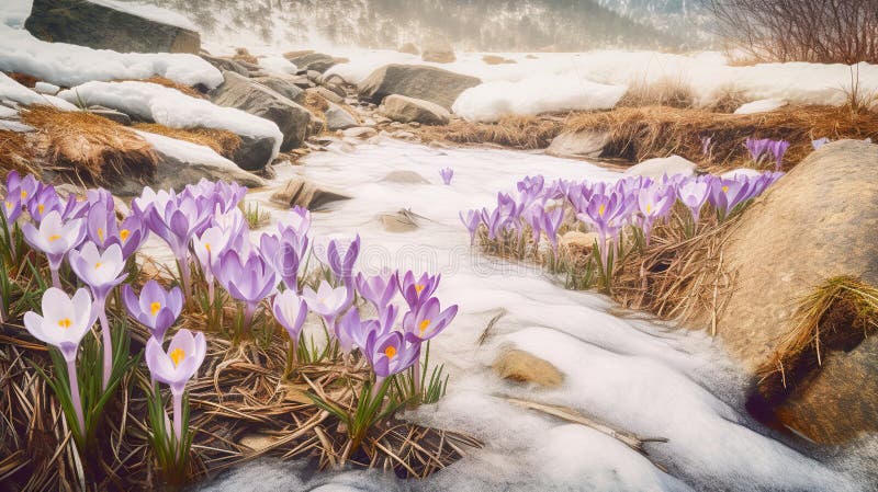 A Stream of Water Running through a Field of Purple Flowers. AI ...