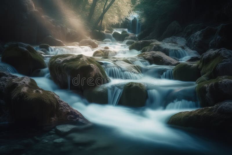 A Stream of Water Running through a Forest Filled with Rocks Stock ...