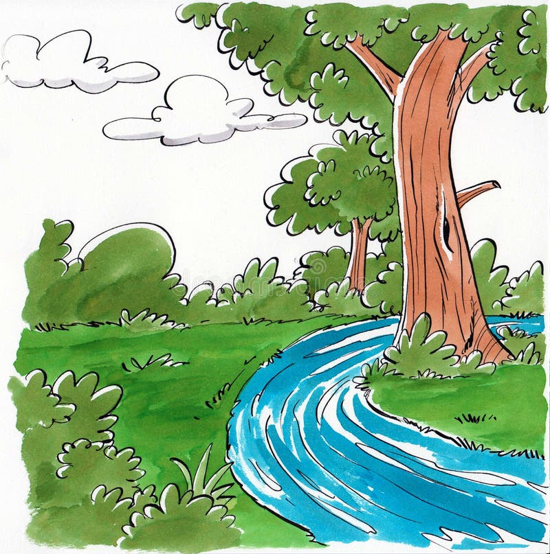 Stream of Water Running through a Forest Stock Illustration ...
