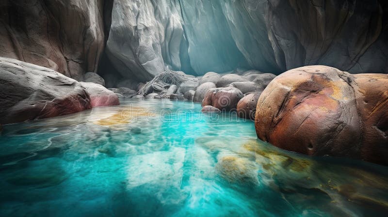 A Stream of Water Running through a Rocky Area Next To a Cave Stock ...