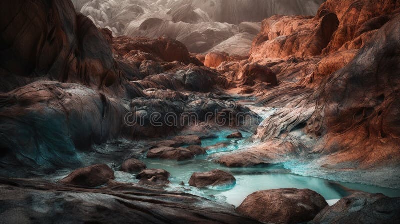 A Stream of Water Running through a Rocky Canyon Filled with Rocks ...