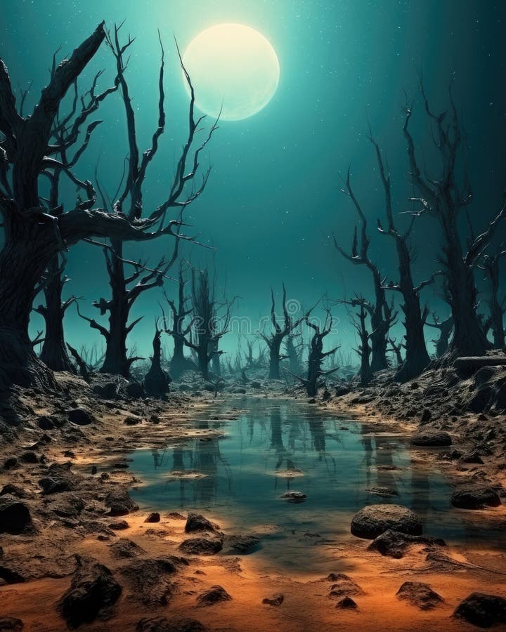 A Stream of Water with Trees and a Moon in the Background Stock ...