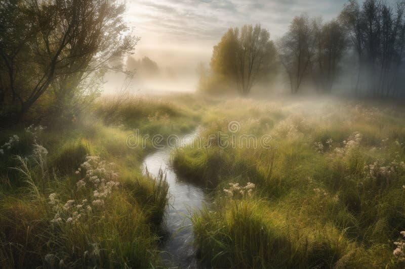 Stream Winding through Misty Meadow, with Sunlight Breaking through the ...
