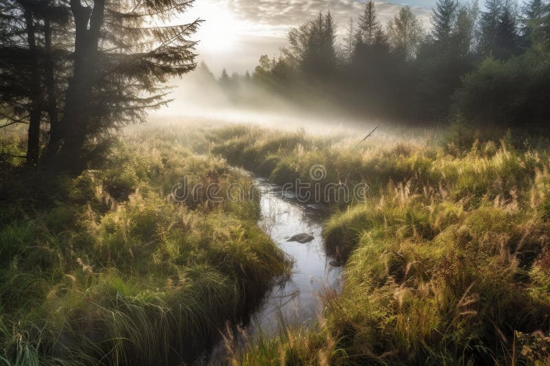 Stream Winding through Misty Meadow, with Sunlight Breaking through the ...
