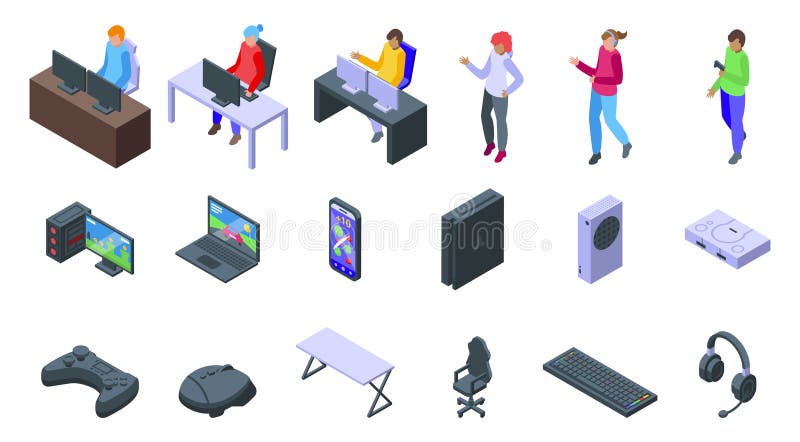 Streamer Character Icons Set Isometric Vector. Game Video Play Stock ...