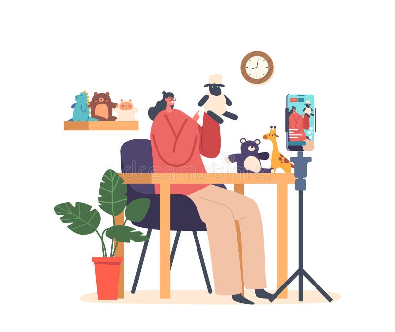 Streamer Perform Handmade Toys Sitting at Table with Smartphone on ...