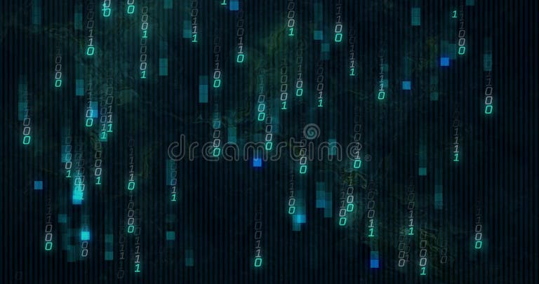 Streaming Binary Digits Cascading through Digital Space, with Glowing Squares and Vertical Grid ...