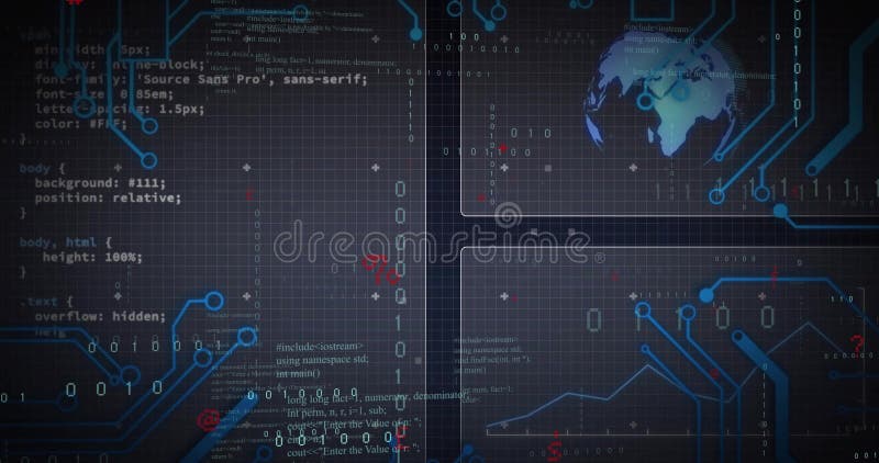 Streaming Code and Binary Digits Across Central UI Panel on Software Dashboard, with Circuit ...
