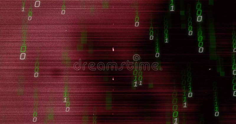 Streaming Digital Glitch Across Cyber Interface, with Green Binary Code and Red Glitch Lines ...