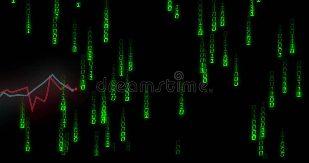 Streaming Green Binary Digit Columns in Dark Data Stream, Showing Red ...