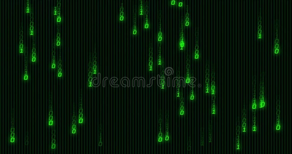 Streaming Green Binary Digit Streams Cascading Across Dark Grid Panel, with Neon Code ...