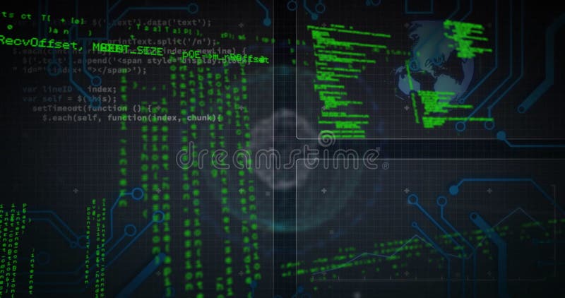 Streaming Green Code Column in Virtual Interface, with Code Panels, Circuit Lines and Digital ...