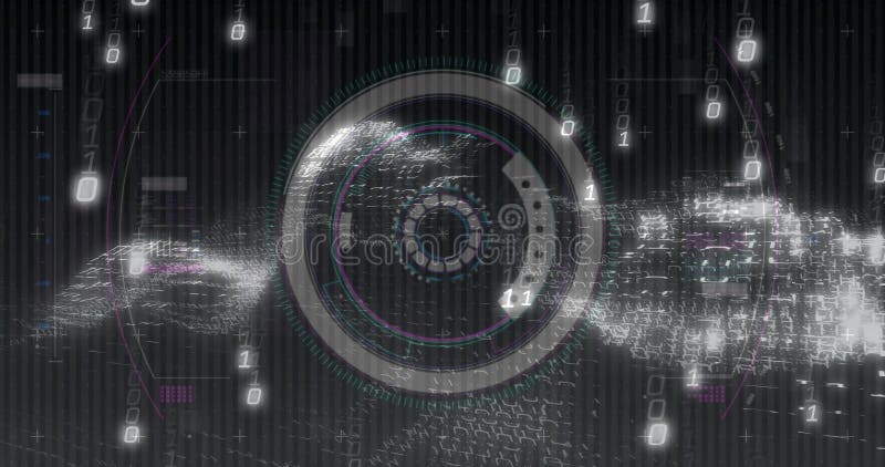 Streaming Lens Showing Binary Digits Over Grid-like Code in Digital Scene, with Rings and ...