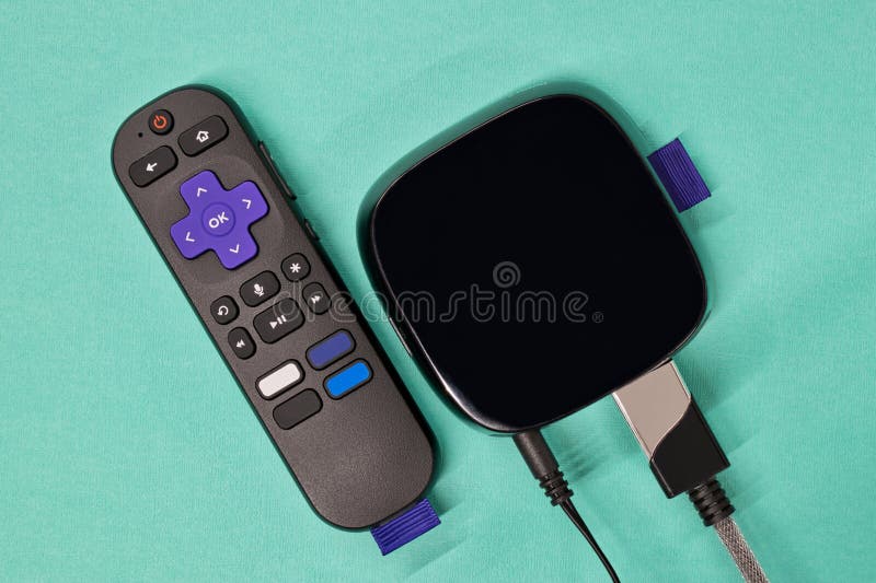 Streaming Media Player Remote Control on Blue Background. Stock Image ...