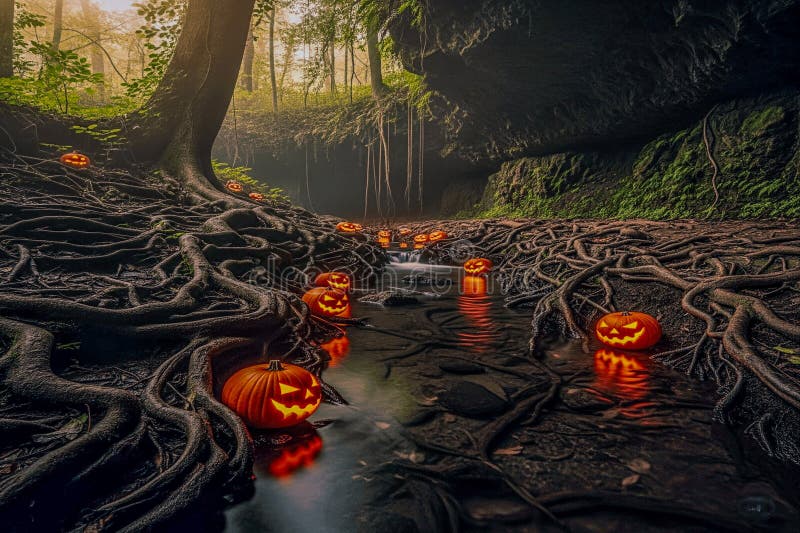 A Streaming River in a Mystical Forest with a Glowing Pumpkin Stock ...