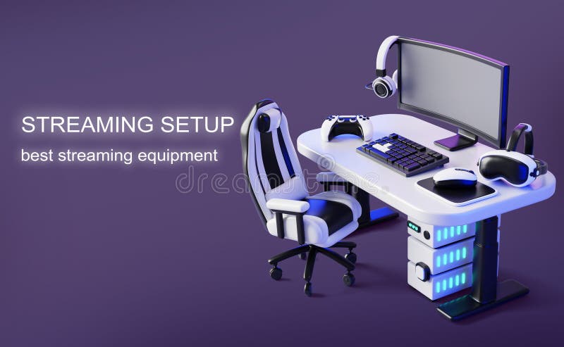 Streaming Setup 3d Purple Web Banner. Workplace of Game Streamer with ...