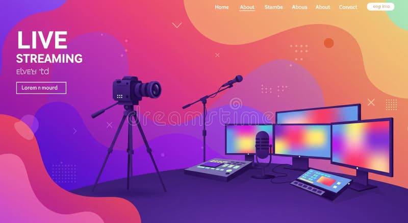 Streaming Setup with a Digital Camera on a Tripod, Four Monitors, a ...