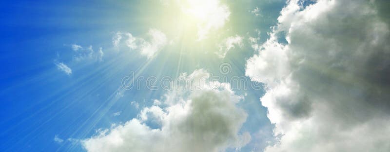 Streaming Sunlight on Cloudy Blue Sky Banner Stock Image - Image of ...