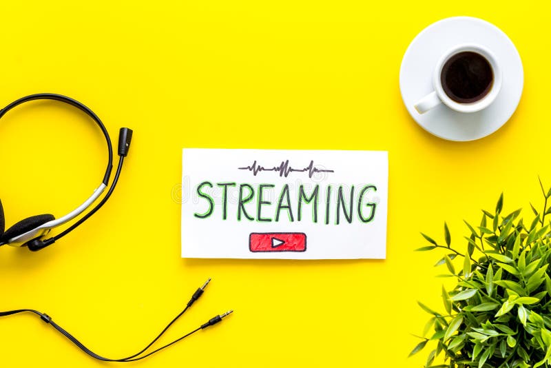 Streaming Video Concept - Tablet on Office Workplace. Top View Stock ...