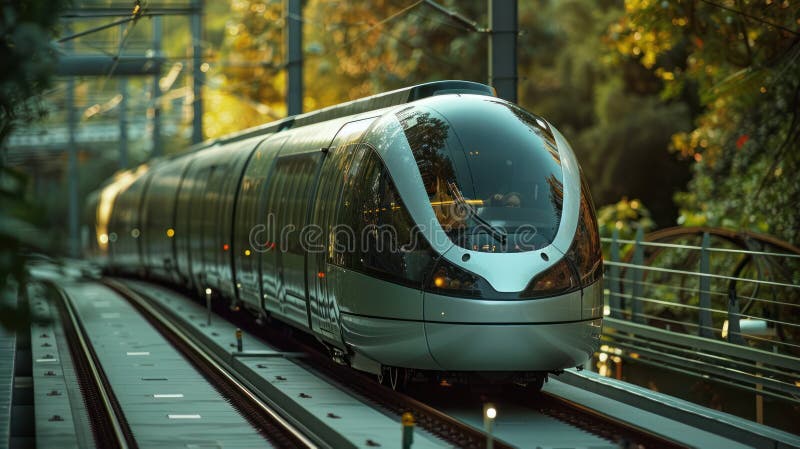 Streamlined Commuter: a Modern Train Rushes through the Cityscape Stock ...