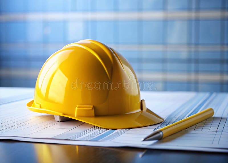 Streamlined Construction Planning a Yellow Hard Hat Blueprint and ...