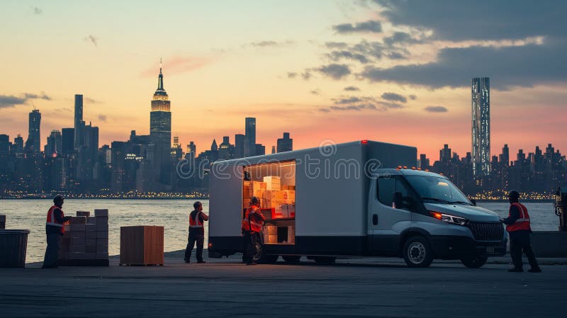 Streamlined Delivery Vehicle Parked in Front of a City Skyline Stock ...