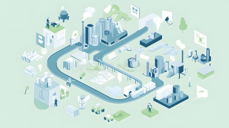 Streamlined Industrial Process Isometric Green and Blue Illustration ...