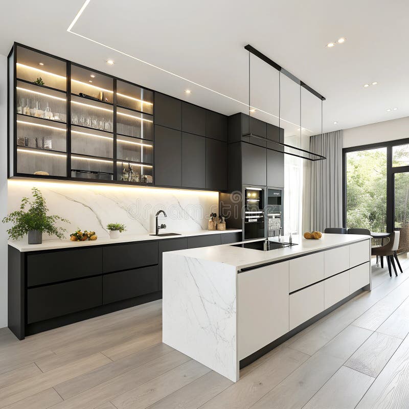 Streamlined Modern Kitchen with Matte Black Cabinets and a Minimalist ...