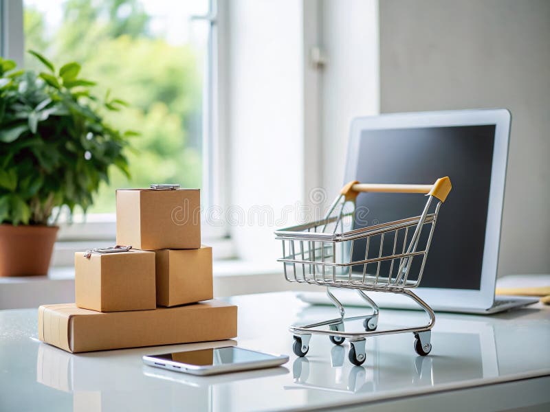 Streamlined Online Shopping Experience a Simple Desk Setup Illustrates ...